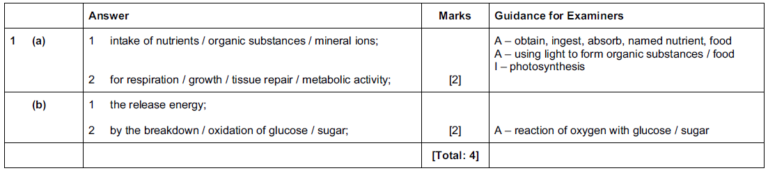 iGCSE Biology (0610)-12.1 Respiration - iGCSE Style Questions Paper 4